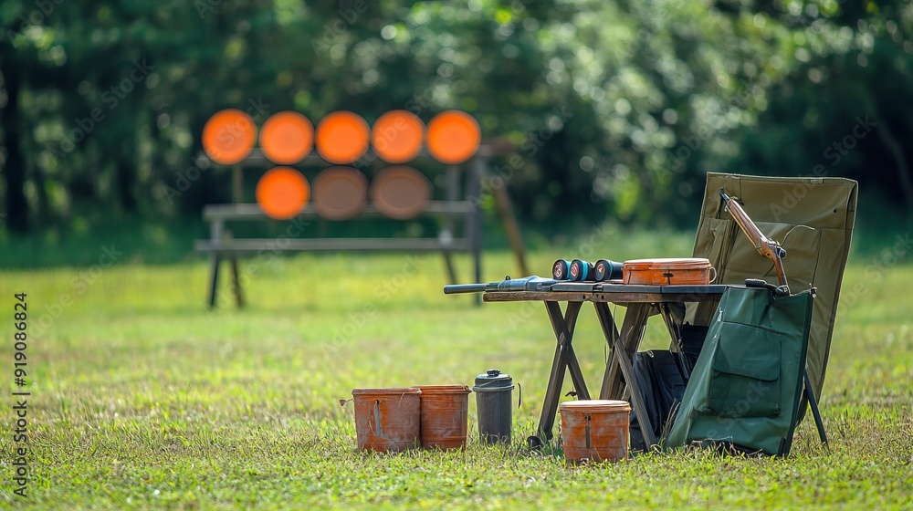 Clay pigeon trap shooting setup, including clay targets, representing ...