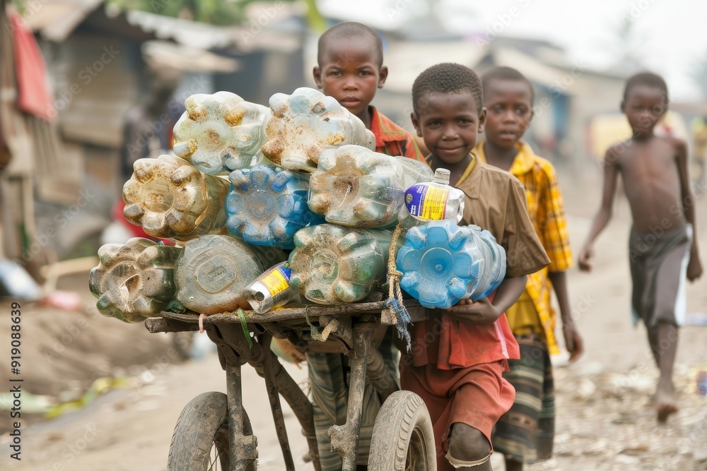 Group of young African boys pushing a heavy cart full of water cans ...