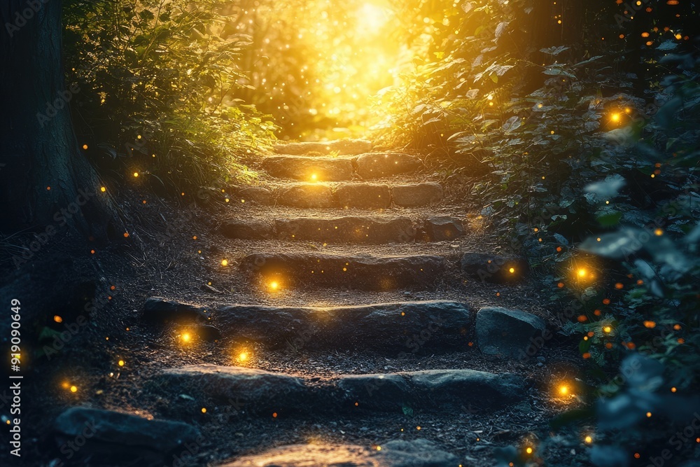 Stone steps lead up through a forest. This image can be used to ...