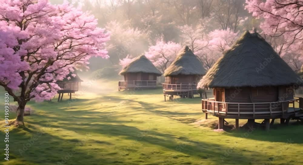 Natural scenery in the middle of the forest with tree houses and cherry ...