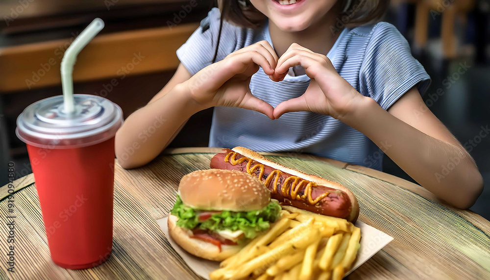 Happy girl making heart symbol while enjoying fast food. Hamburger, hot ...