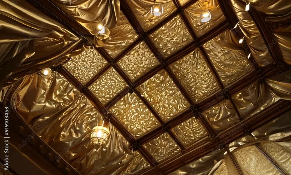 Golden Celestial Ceiling: Luxurious gold silk drapes and ornate glass ...