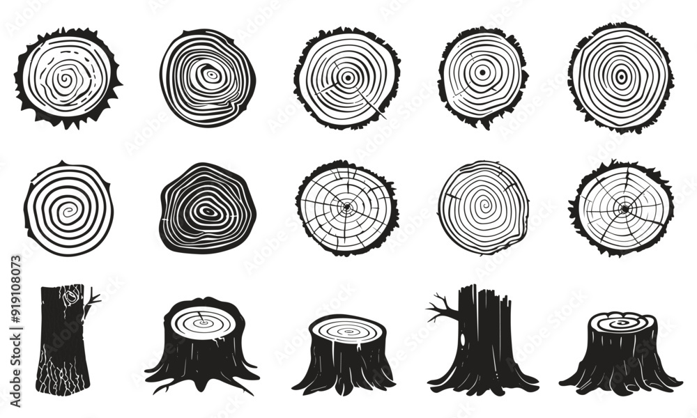Tree rings and stumps silhouettes set. Wooden log cuts. Cross Sections ...