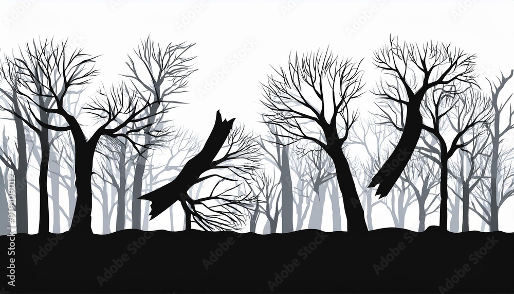 Broken tree isolated silhouettes. Black template of destroyed forest ...