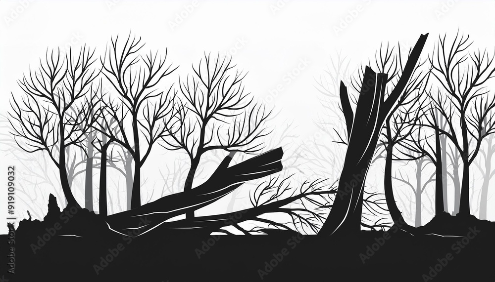 Broken tree isolated silhouettes. Black template of destroyed forest ...