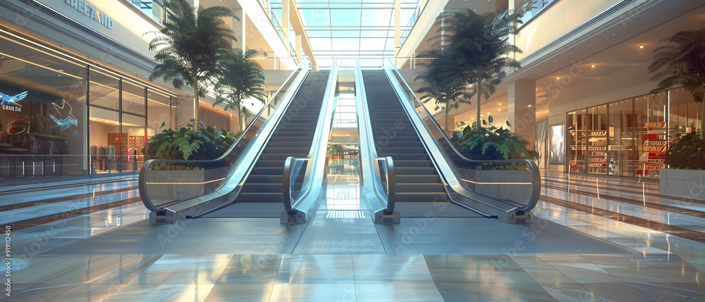 Modern shopping mall interior with escalators, reflecting floors, and bright lighting. Clean and ...