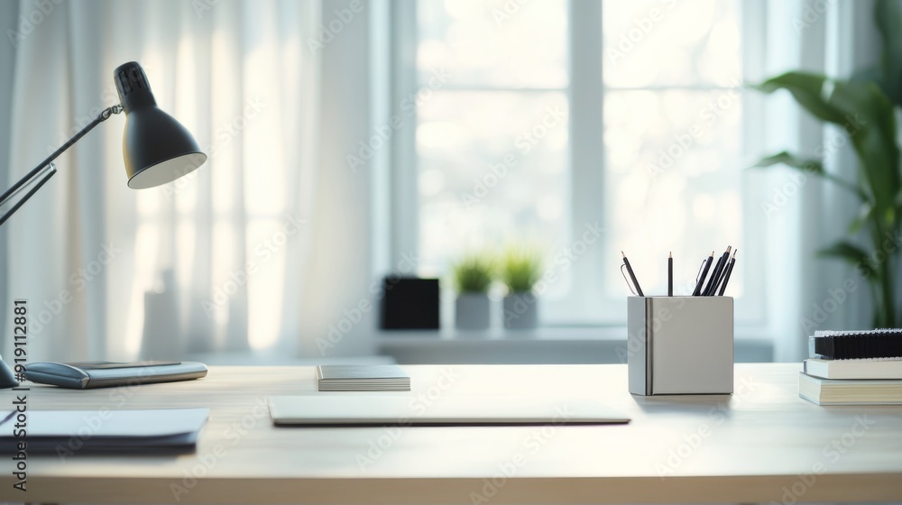 Foto de Minimalist desk setup with perfectly aligned stationery items ...