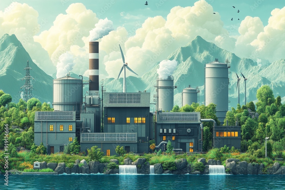 Various renewable energy sources such as wind turbines, solar panels, and hydroelectric dams ...