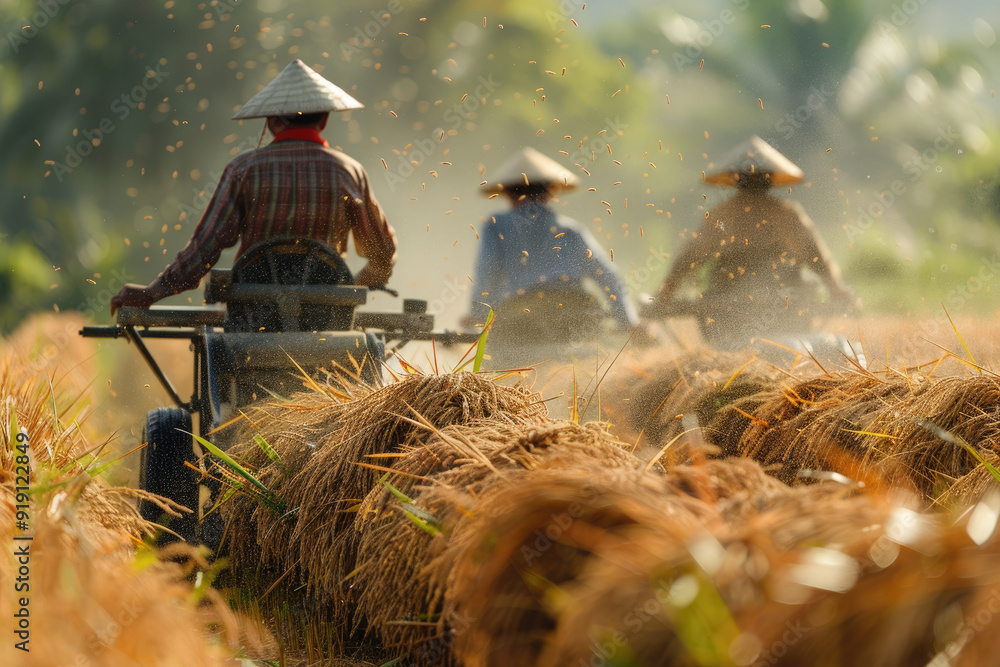Rice harvesting.The process of threshing rice in the fields, with ...