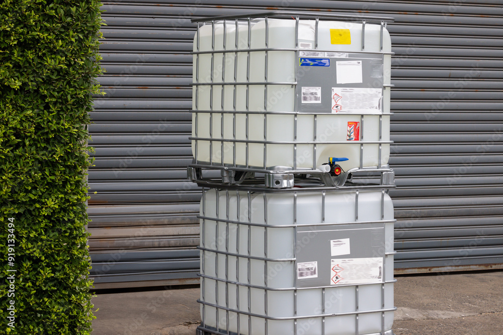 Two large white IBC plastic containers stacked on top of each other ...