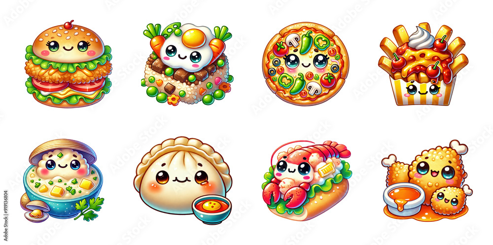 Kawaii fast food clipart bundle, cute food set, isolated on transparent ...
