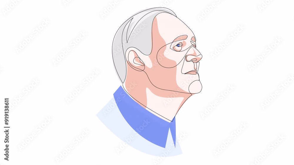 Self drawing simple animation of continuous line senior man smiling ...