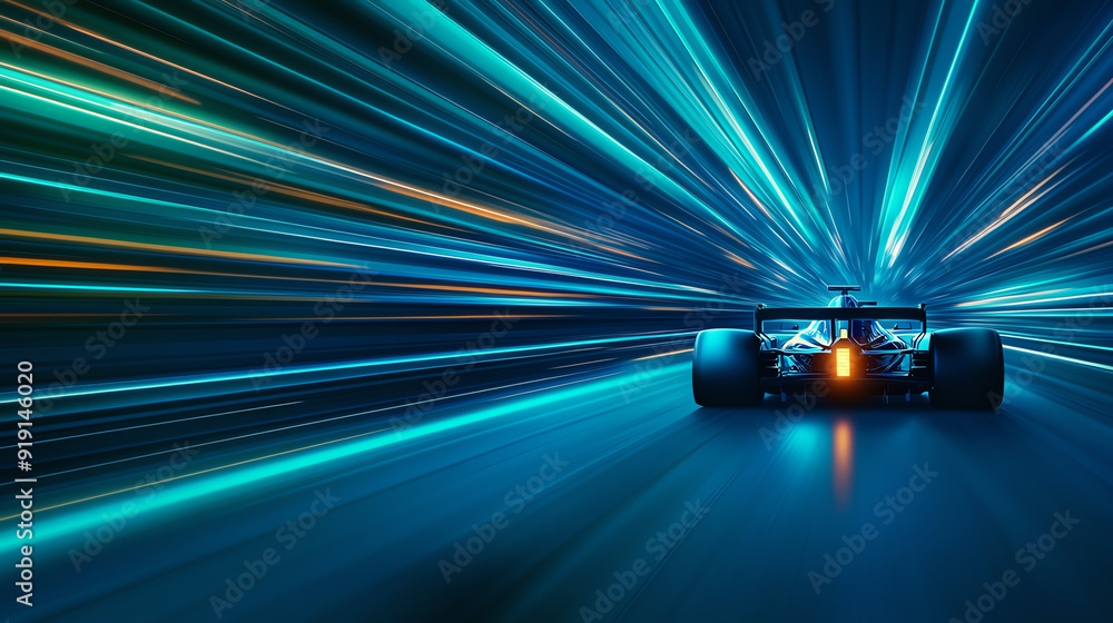 Side view of an F1 car at top speed on a straight, with safety features ...