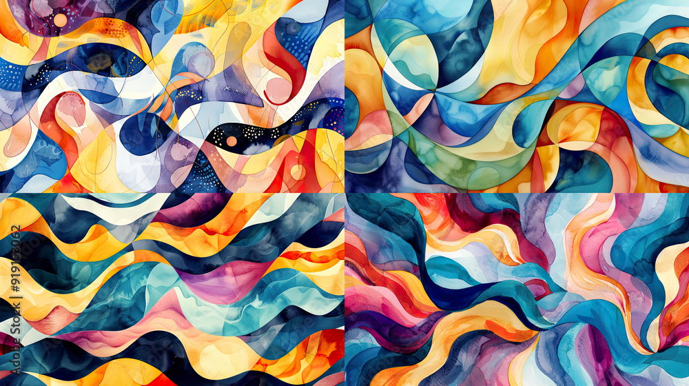 Watercolor abstract patterns featuring flowing lines and curves ...