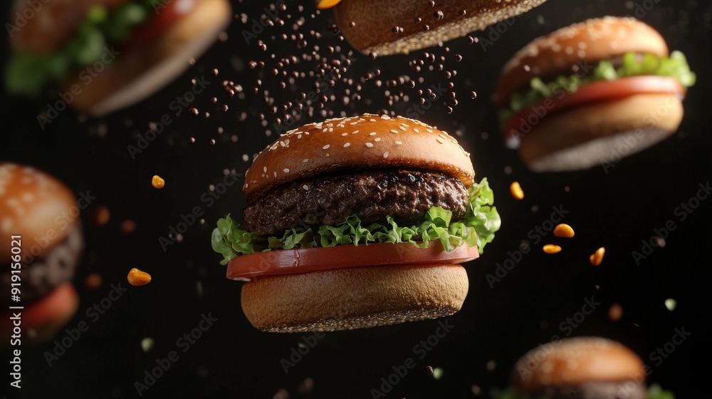 Grill burger, realistic 3d burgers falling in the air, grilled meat ...