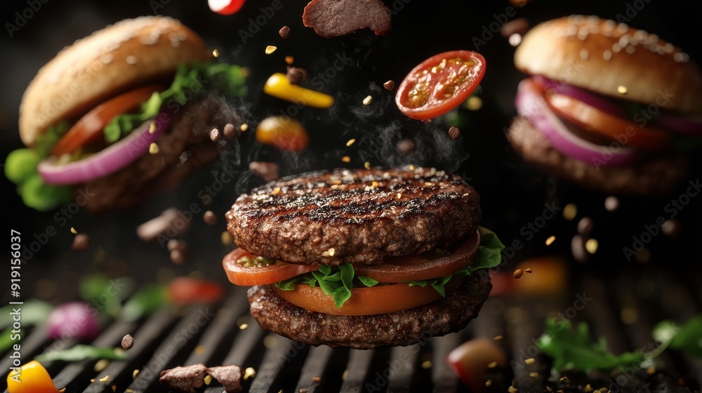 Grill burger, realistic 3d burgers falling in the air, grilled meat ...