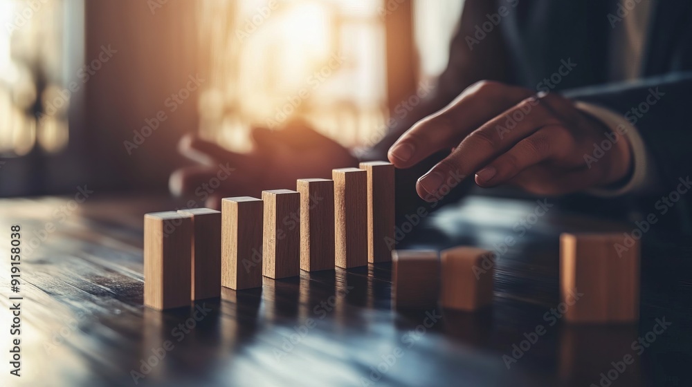 Businessman stops her hand blocking or falling dominoes Financial ...