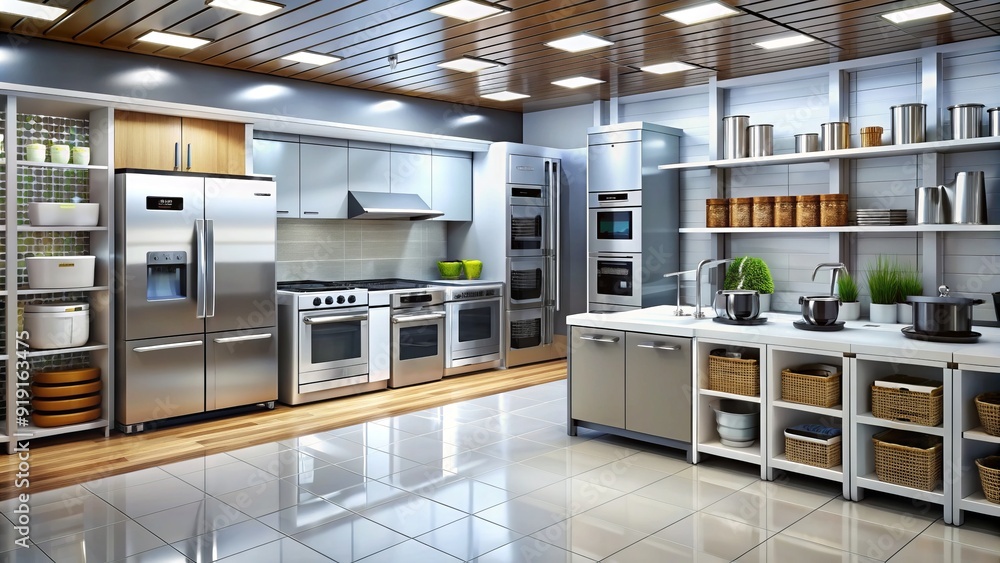 Modern home appliances displayed on shelves in a well-lit and organized ...