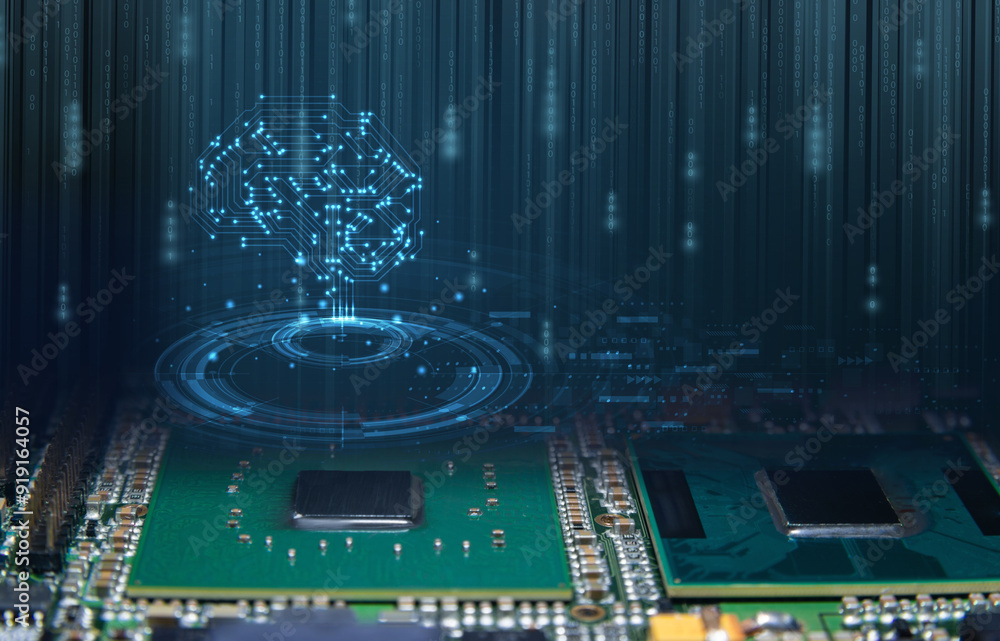Artificial intelligence concept with microchip and digital brain overlay. Represents AI ...