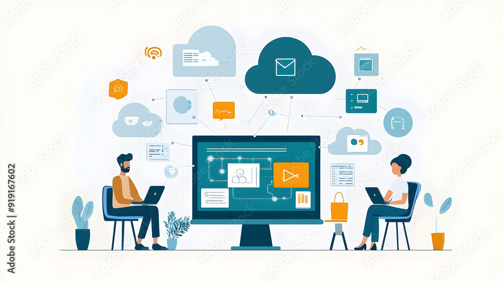 Cloud-Based Collaboration - An illustration showing people working ...