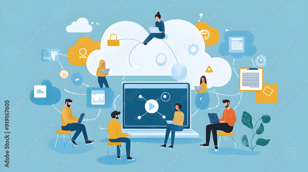Cloud-Based Collaboration - An illustration showing people working ...