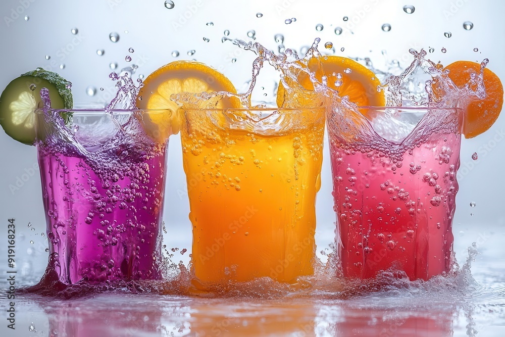 dynamic splash of vibrant fruit juice frozen in midair droplets ...