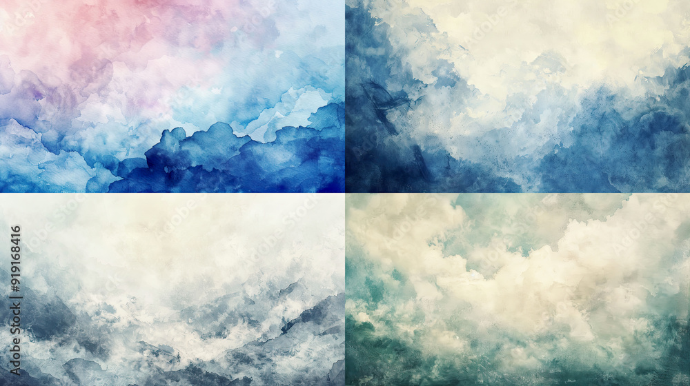 Watercolor mottled texture on cloudy skies, soft gradients, and ...