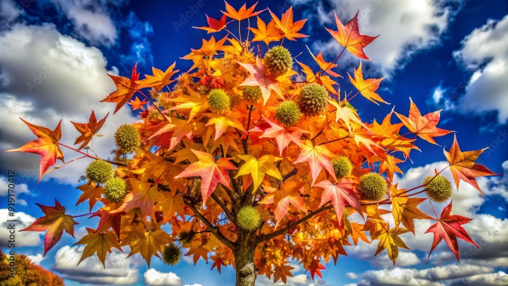 Vibrant fall colors of American sweetgum tree, liquidambar styraciflua ...