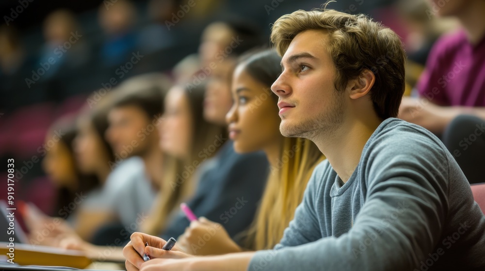 University students in a modern lecture hall taking notes and engaging ...