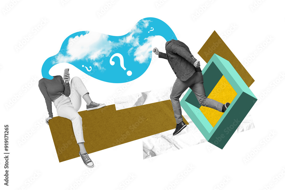 Creative 3d artwork sketch pop collage of weird faceless minded young ...