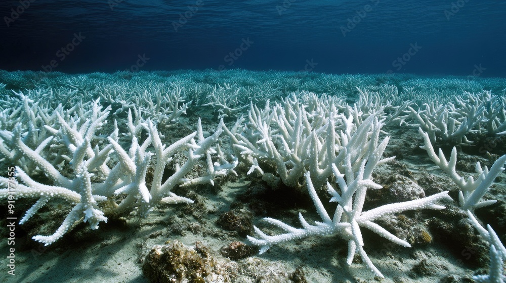 Coral bleaching in a once-vibrant reef, showing the detrimental effects ...