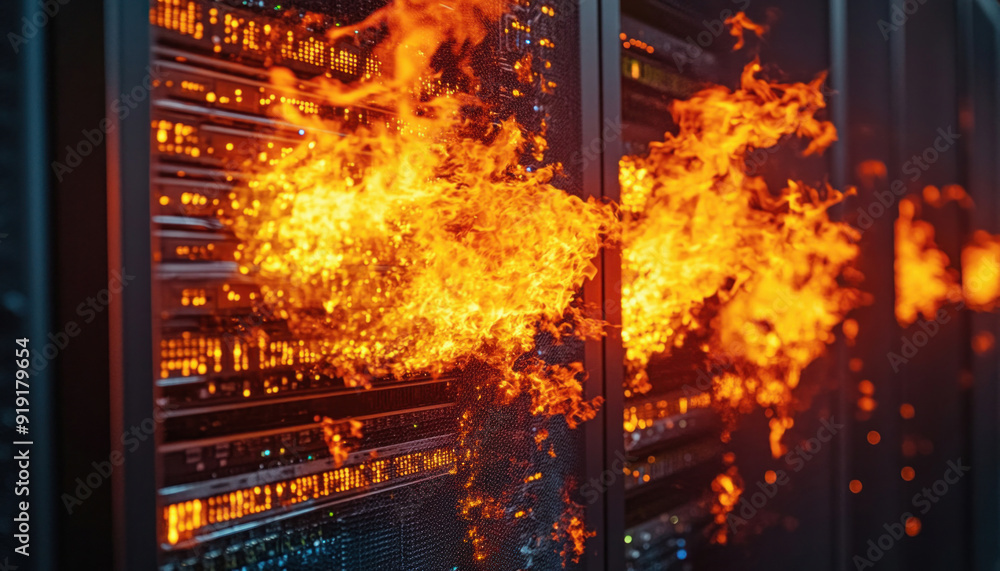Server rack on fire burning in data center - hardware failure causing ...