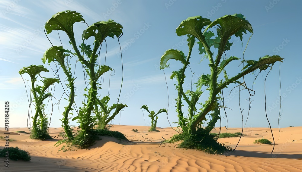 Green desert plants, with unique shapes and slender vines, grow on the ...