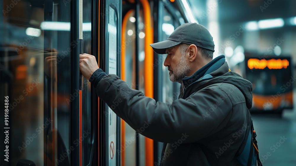 City bus driver opening doors at station, professional and positive ...