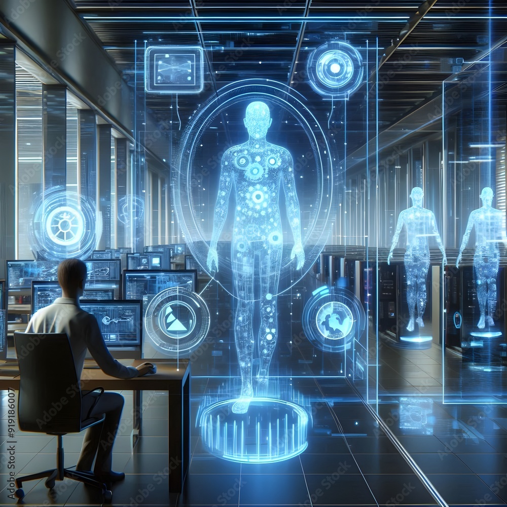 "Futuristic computer systems analyst working with AI-driven tools and ...