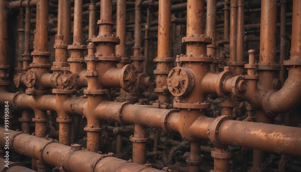 Old rusty water valves and pipes, with a warm, vintage color tone ...