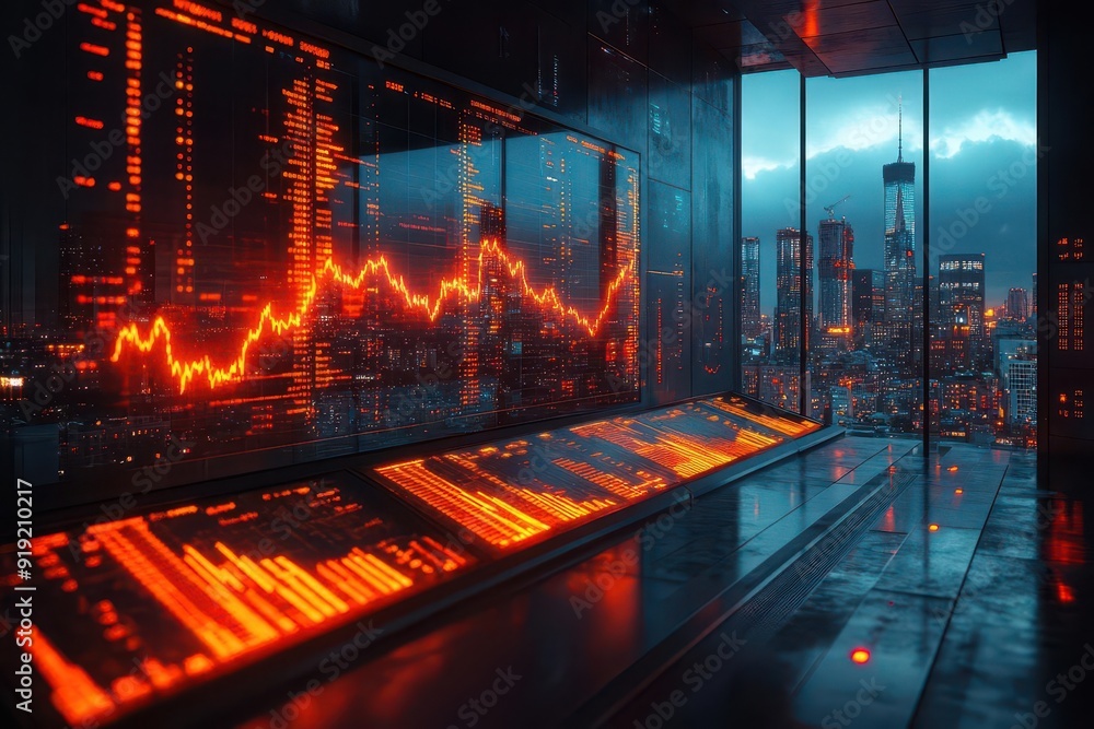 holographic stock market data floating in a sleek minimalist office ...