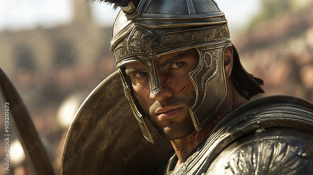 Roman Gladiator With Shield And Helmet Displaying Determined Gaze In ...
