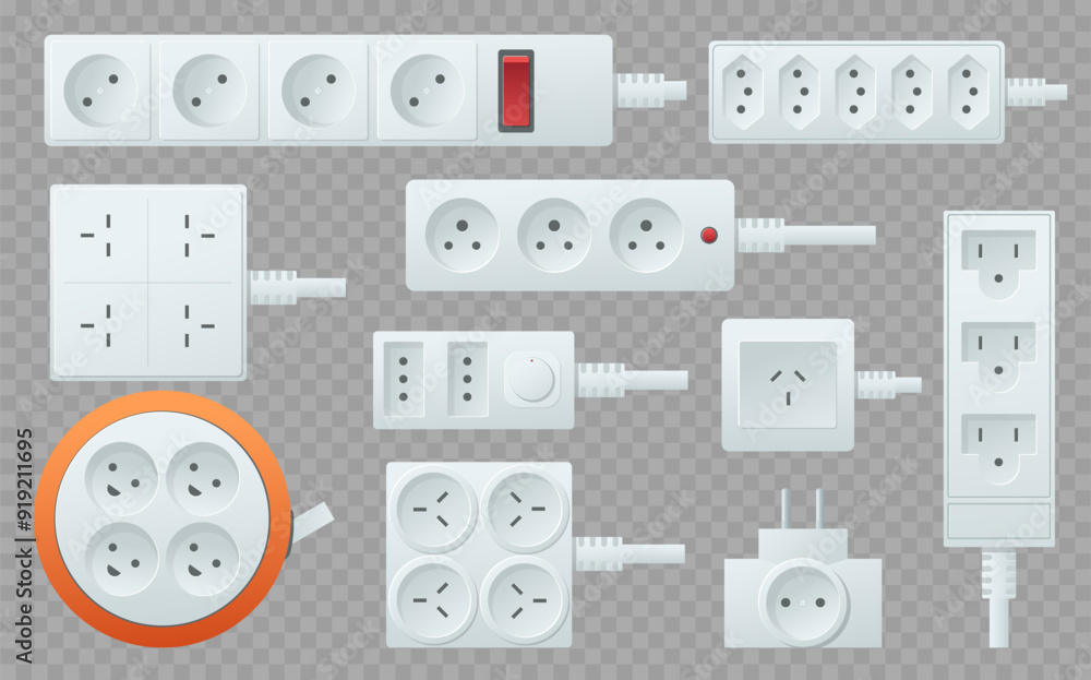 Power strips. Plastic sockets and adapters different types. Devices for ...