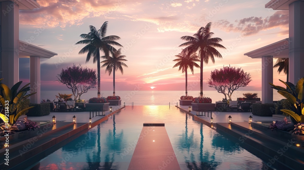 Fantastic poolside, sunset sky, palm trees reflection. Luxury tropical beach landscape, infinity ...