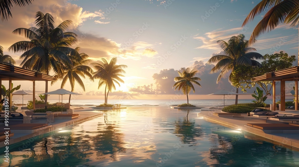 Fantastic poolside, sunset sky, palm trees reflection. Luxury tropical beach landscape, infinity ...