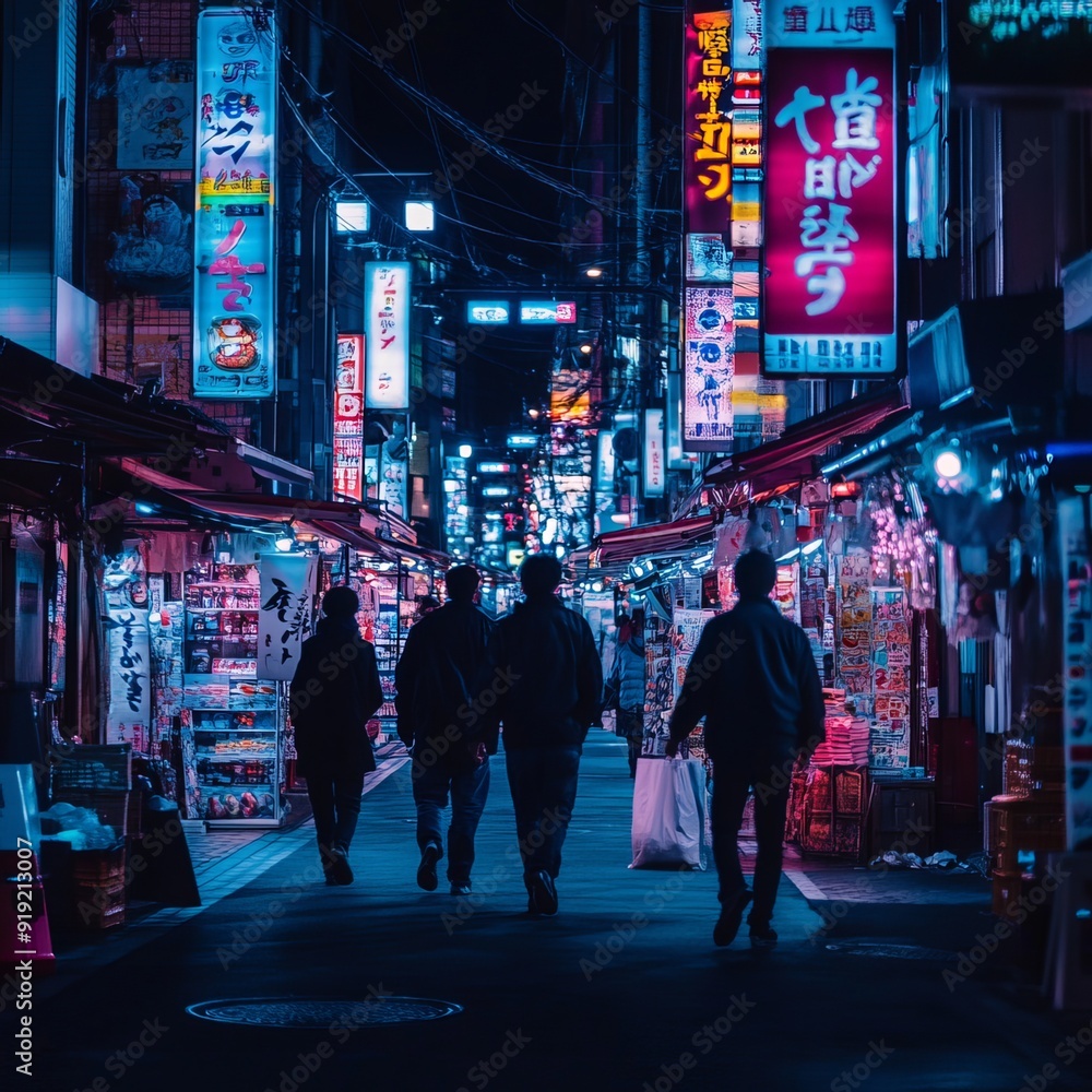 People walking and shopping at night under bright neon sign lights from ...