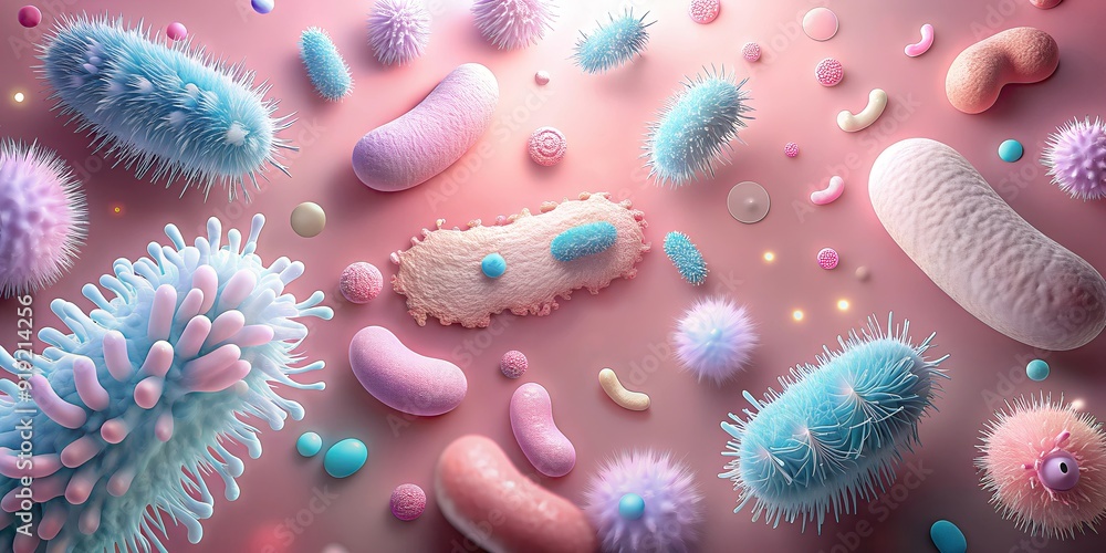 Closeup of 3d microscopic microscopic cute cartoon pastel bacteria ...