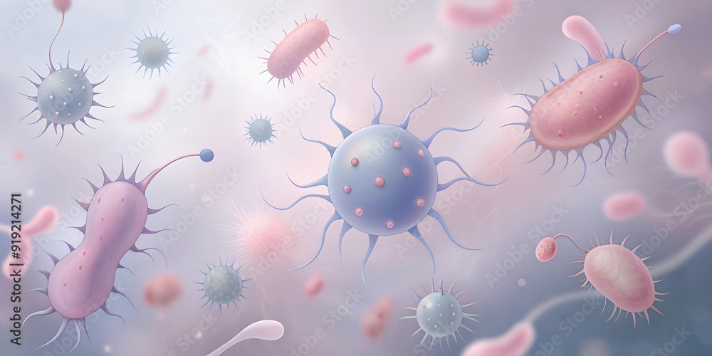 Closeup of 3d microscopic microscopic cute cartoon pastel bacteria ...
