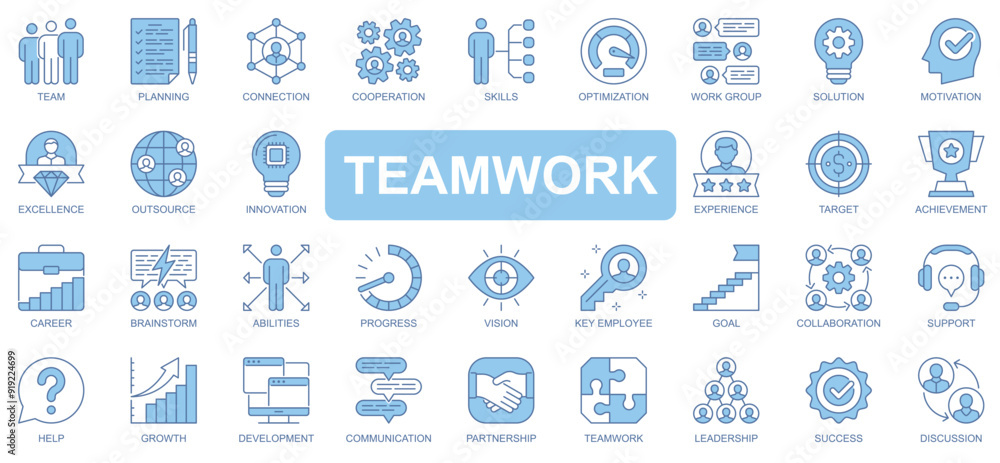 Teamwork icons set in duotone outline stroke design for web. Pack ...