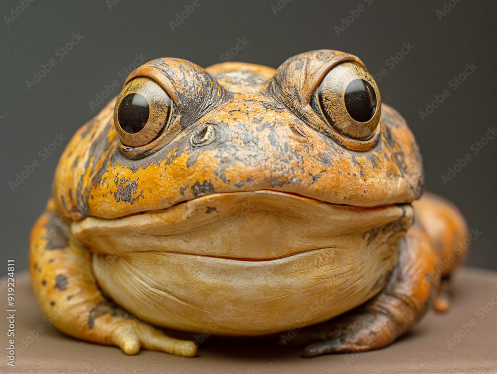 A frog with big eyes is sitting on a brown surface. The frog has a ...