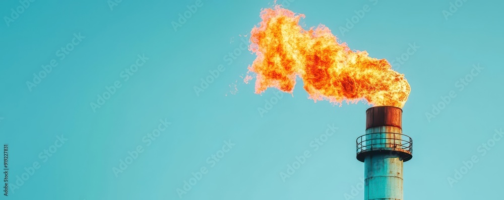 Detailed view of ethylene gas flare stack, sharp focus on flames and ...