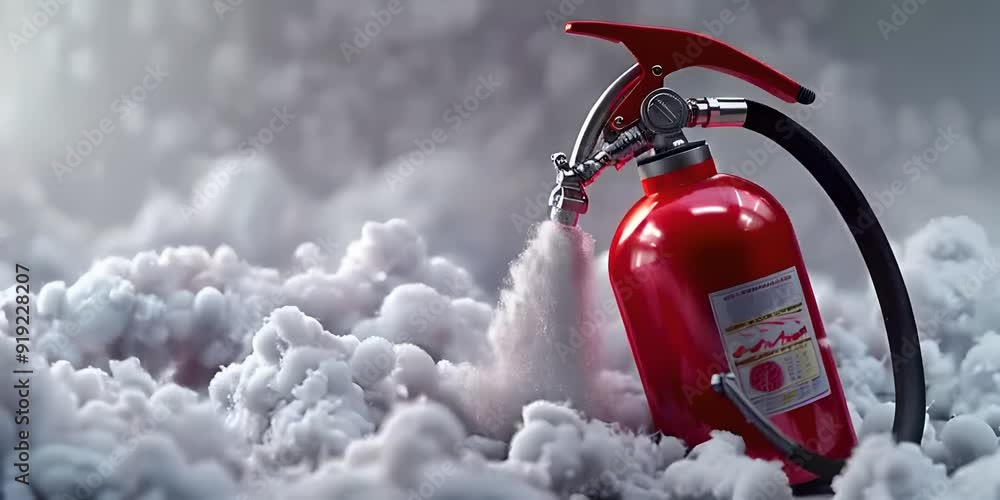 A fire extinguisher releasing foam in a 3D style, detailed view of foam ...