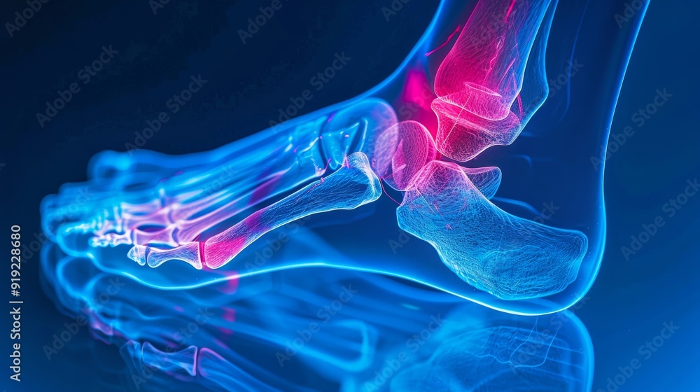 X-ray image of a human foot highlighting a possible injury area with a red marker on a blue ...