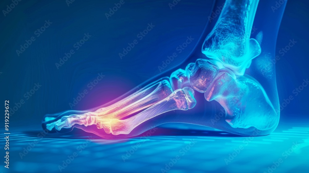 Foot X-ray displaying potential fracture with a marked pain point on a ...